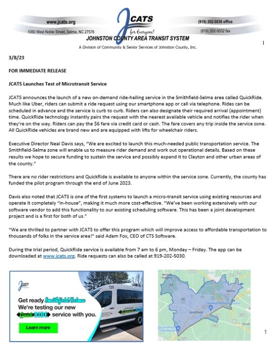 JCATS Announces QuickRide - Town of Selma